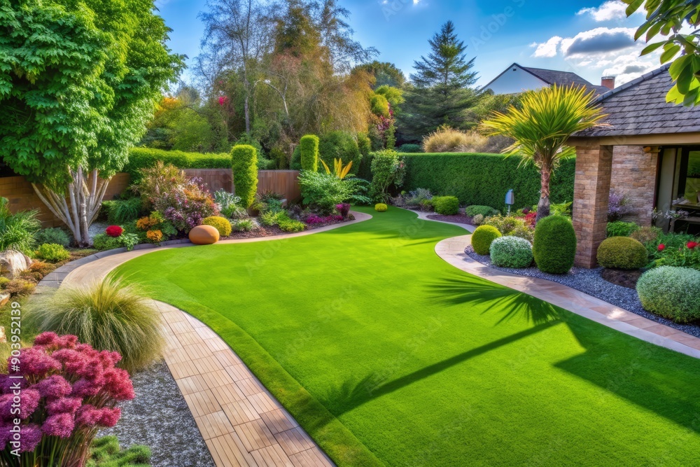 Lush green garden surroundings provide a serene backdrop for a newly ...