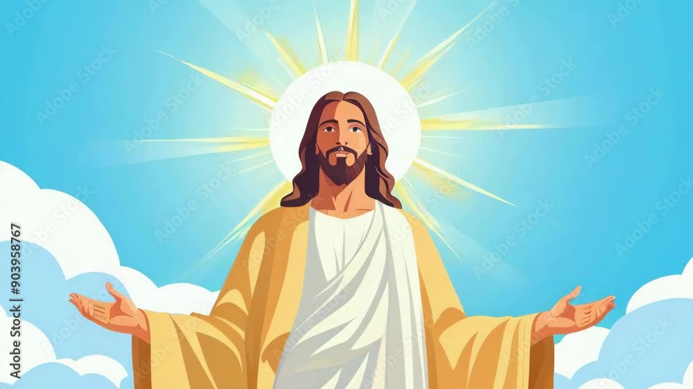 jesus christ in blue sky, with sun rays and halo flat design animation ...