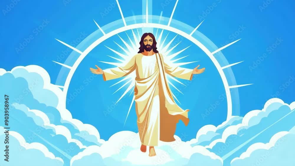 jesus christ in blue sky, with sun rays and halo flat design animation ...