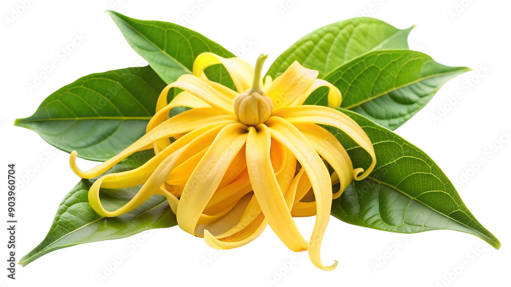 Ylang-Ylang flowers and leaves isolated on white transparent background ...