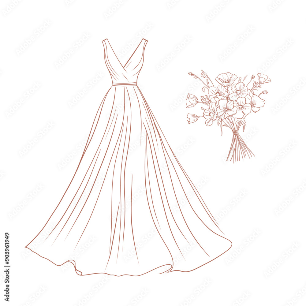 Vector line wedding beautiful elegant dress and wedding bouquet. Line ...