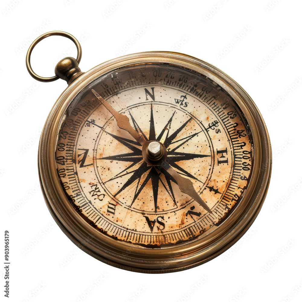 An antique compass with a worn brass case, pointing north. The needle ...