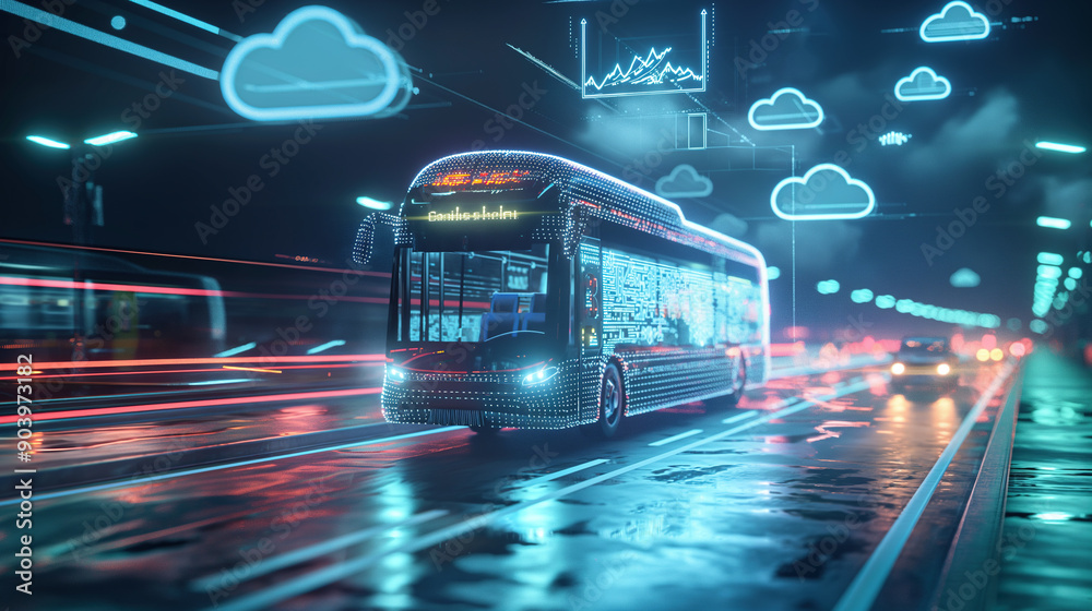 Autonomous driving bus driving on city road, concept of autonomous ...