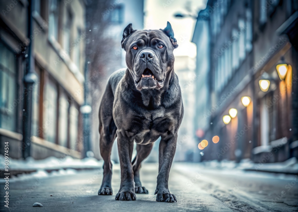 Intense cane corso dog stands alone on city street, baring teeth in ...