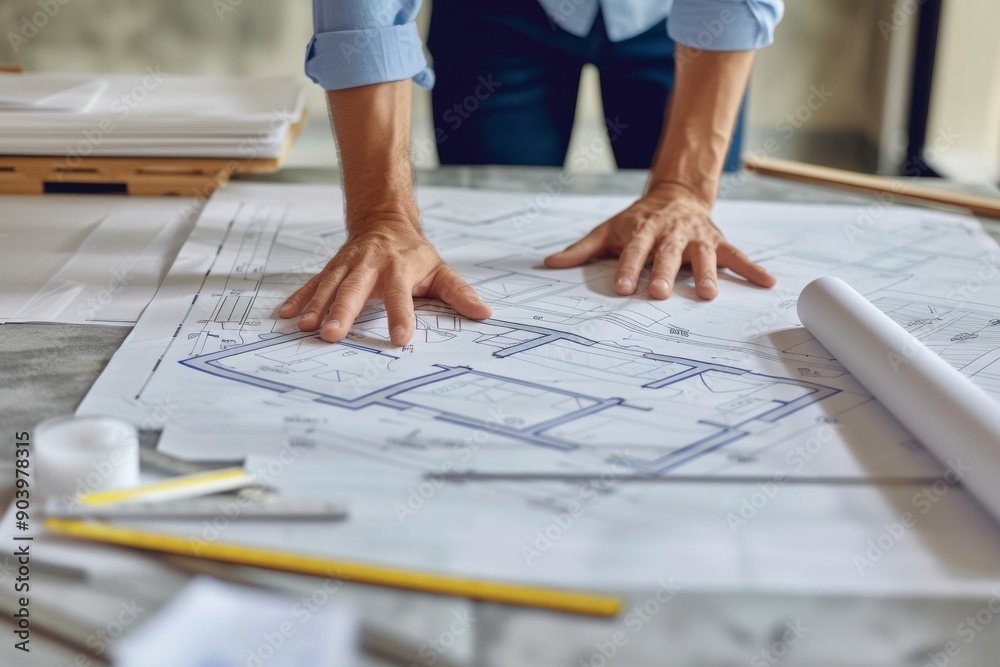 Architect, hands and planning on blueprint for construction or ...