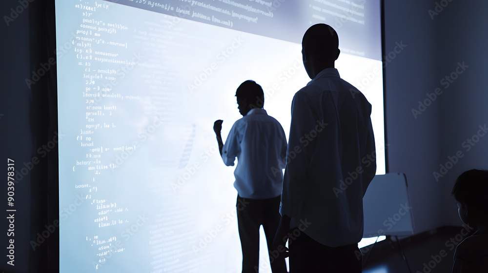 indian man programmer standing in front of a screen with code projected ...