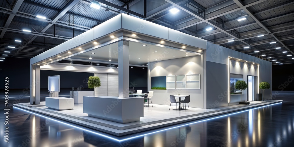 Modern exhibition stand with sleek furniture and advanced technology ...