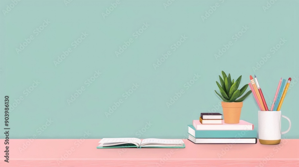 Flat design of a study desk with pastel school supplies like pencils ...