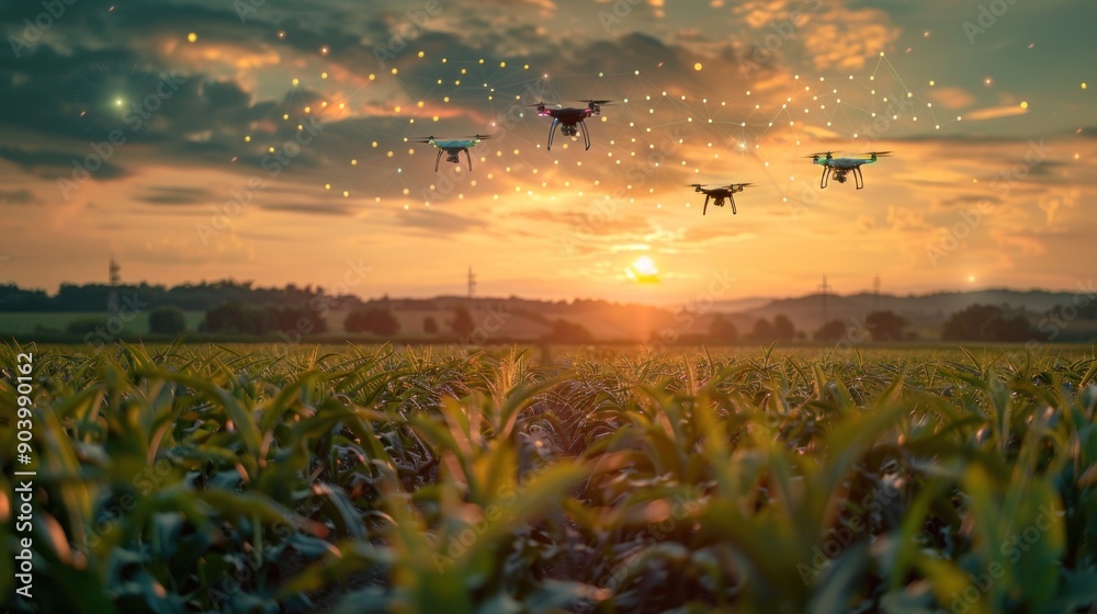 An agricultural landscape where AI-driven drones survey crops ...