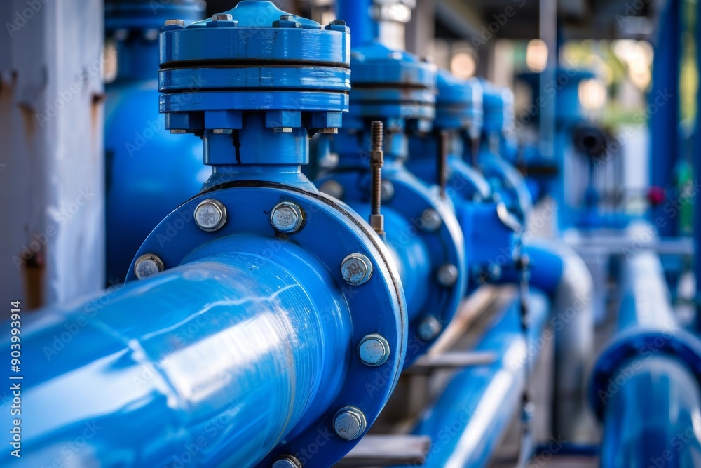 Blue pipes, tight connections. Industrial pipe system. Stock Photo ...