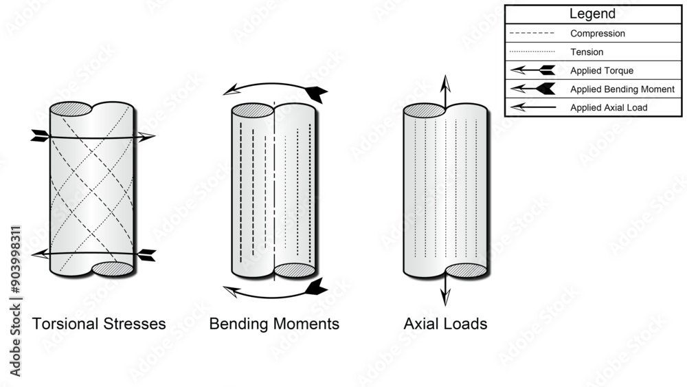 Line drawing showing a sketch of rotor shaft in different stress states ...