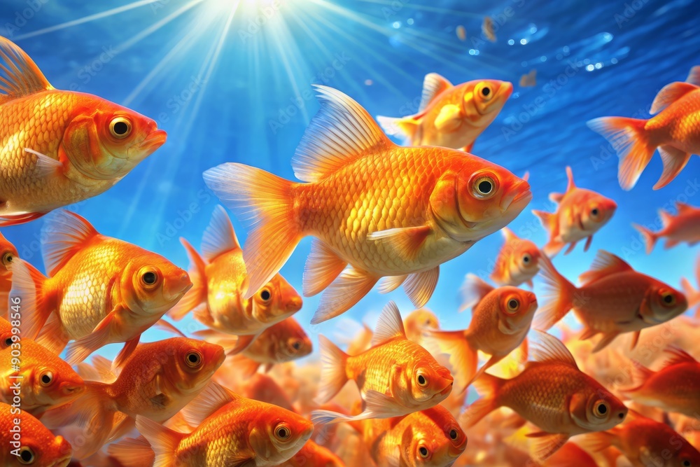 Vibrant school of orange-gold fish darting together in unison, their ...
