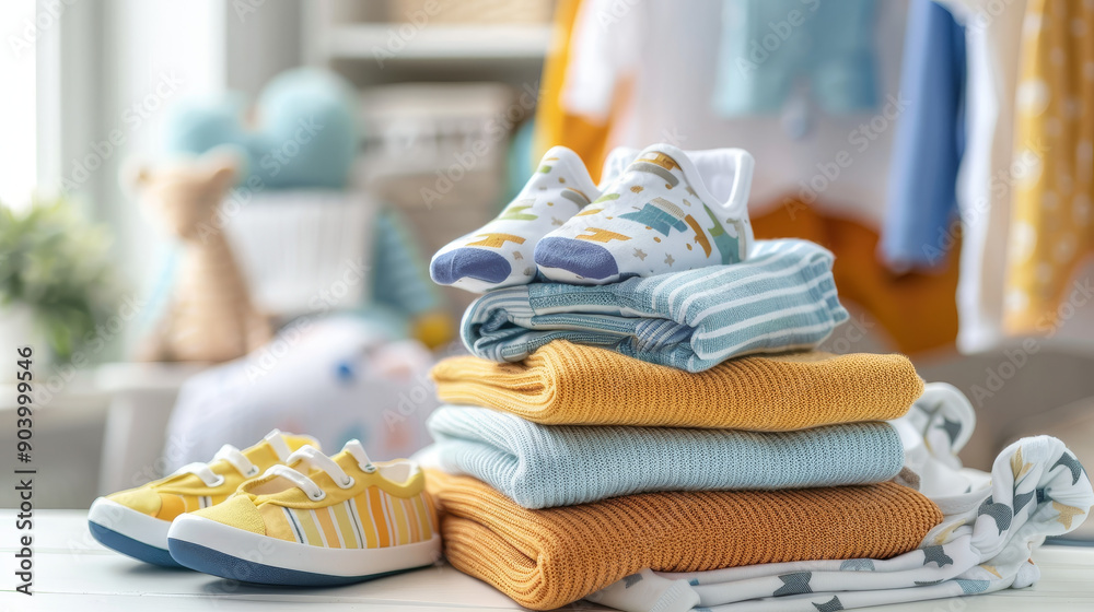 "Close-up of a stack of baby clothes, shoes, and accessories neatly ...