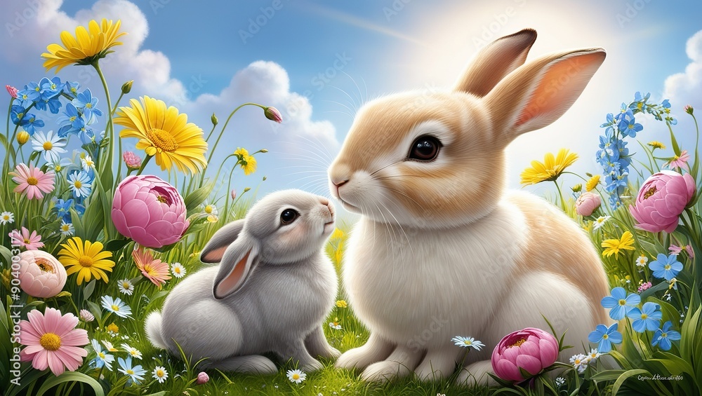 Delightful scene of a mother rabbit and her bunnies in a field of ...