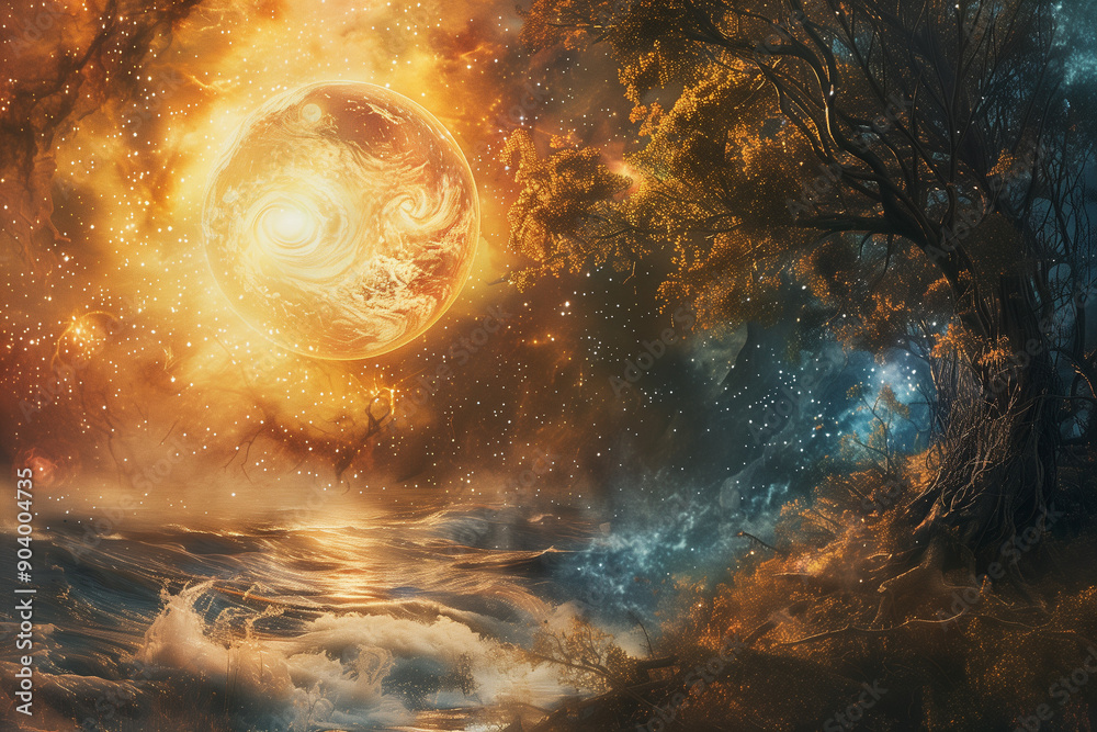 A magical fantasy artwork showing a huge tree by the ocean, huge sun in ...