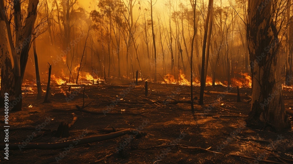 Wildfire in a burning forest, with thick smoke and flames causing ...