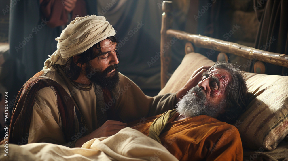 Caring for a sick lying man. Biblical ancient times. Illustration for ...