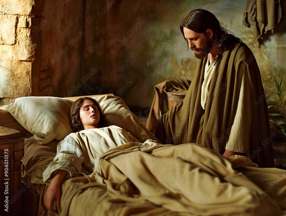Jesus Christ at the bedside of a sick girl. The Gospel story about the ...