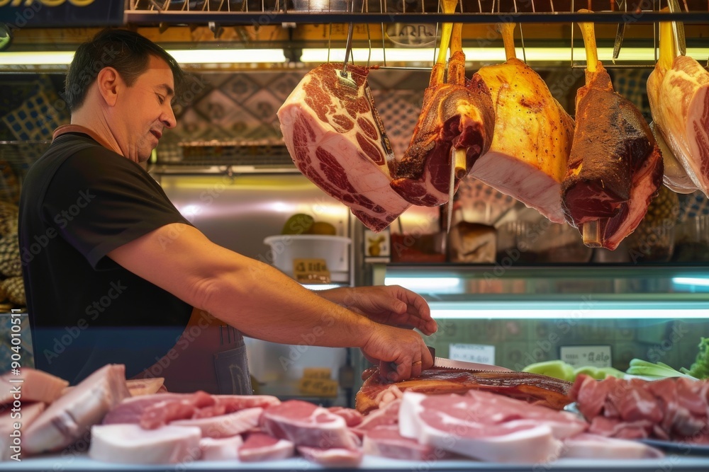 A Spanish butcher from a neighborhood butcher shop selects a meat from ...