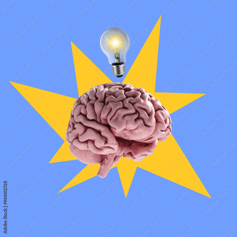 Brain full of ideas concept collage. Abstract retro illustration with ...