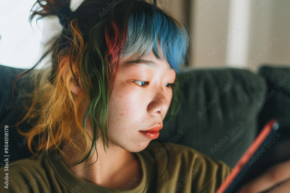 Young Gen-Z Female Using A Tablet At Home Close up head shot of young ...