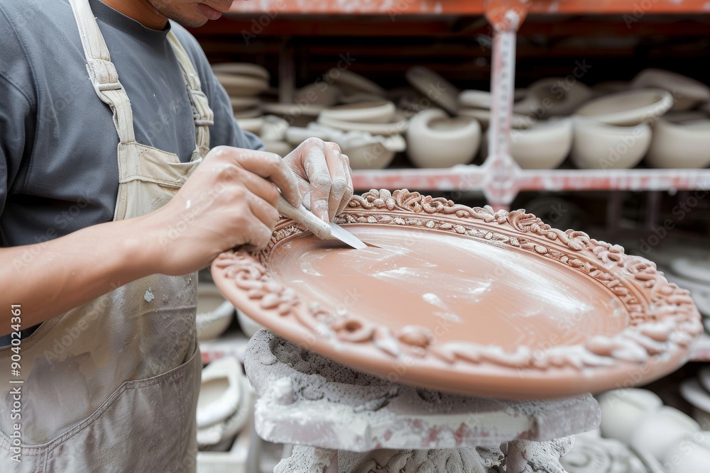Worker trimming an ornate clay tray in a ceramics factory Young male ...