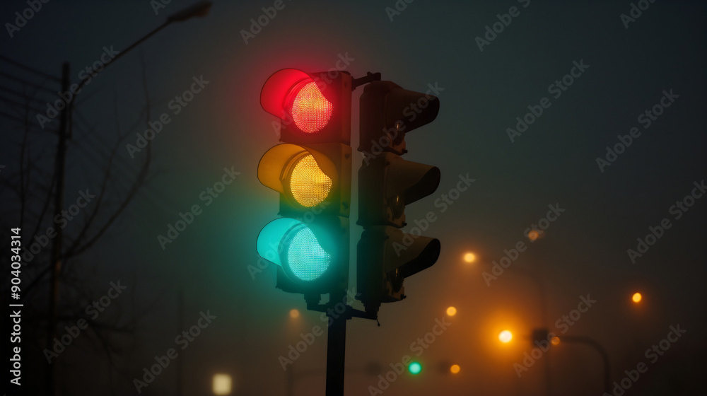 Traffic light with red, yellow, and green lights, illuminated sign on ...