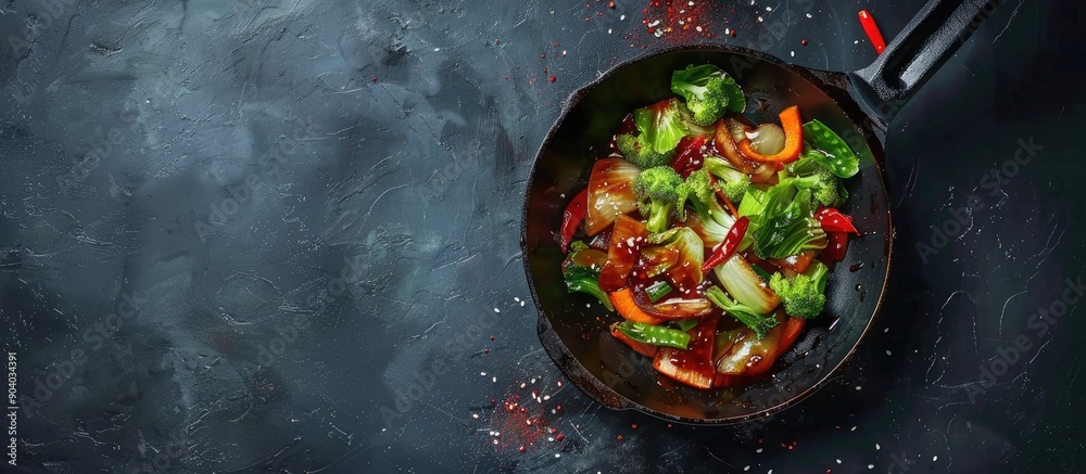 Stir fried Peking cabbage and vegetables in a pan with soy sauce ...