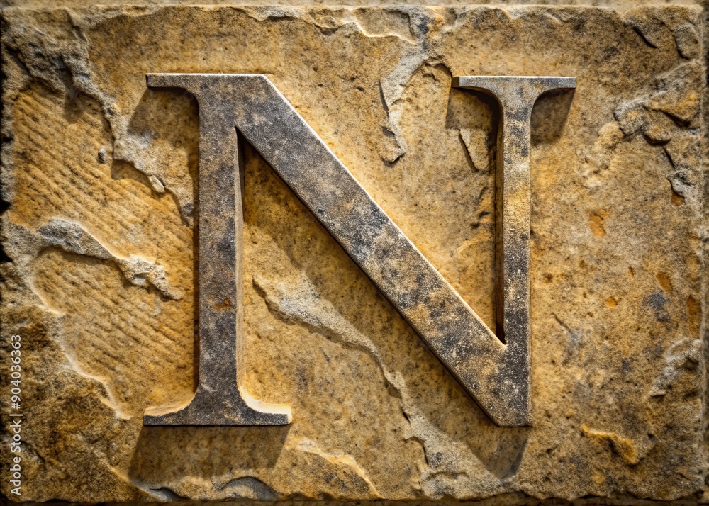 Majestic uppercase letter N intricately chiseled into rustic stone slab ...