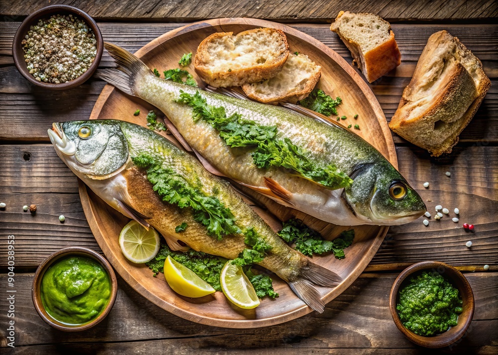 Freshly caught wild fish, expertly arranged on a rustic platter, paired ...