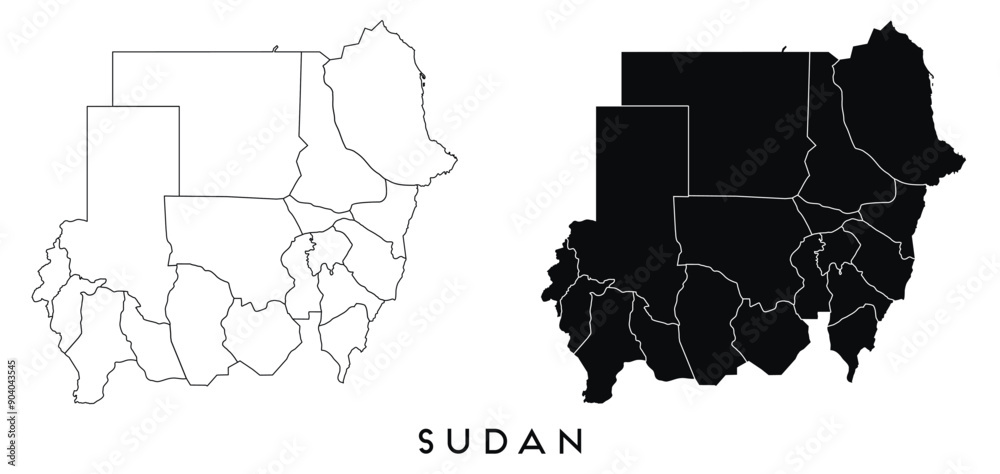 Sudan map of regions districts vector black on white and outline Stock Vector | Adobe Stock