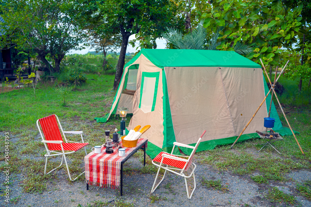 Camping tents at night, vintage cabin tents, Antique lanterns, retro ...