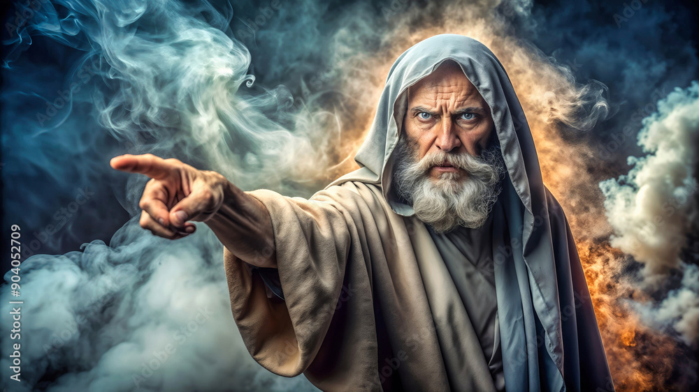 An old prophet and messenger of God pointing the finger and warning ...