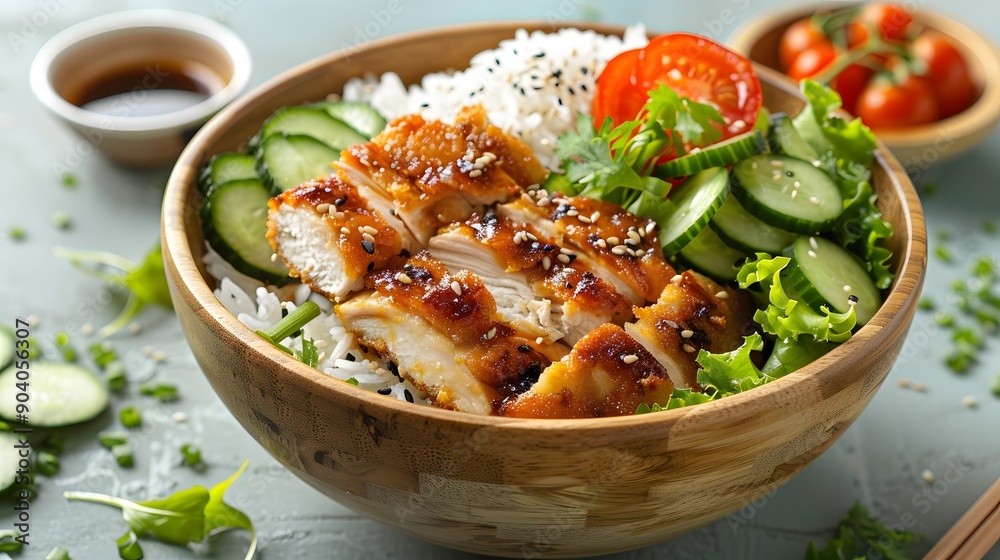 Japanese rice bowl, crispy fried chicken katsu, sliced cucumbers ...