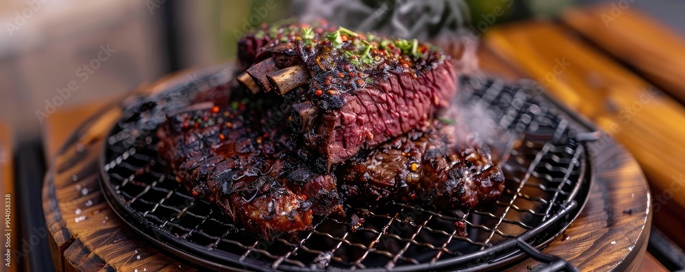 Grilled meat stacked on a grill, showcasing juicy textures and smoky ...