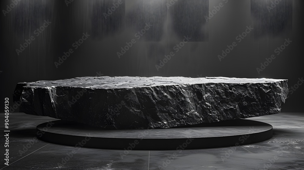 Minimalist sculpture display, giant rough stone slab, smooth circular ...