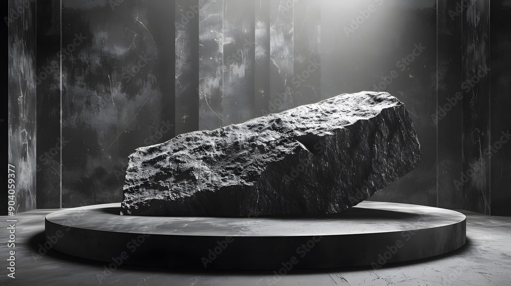 Minimalist sculpture display, giant rough stone slab, smooth circular ...