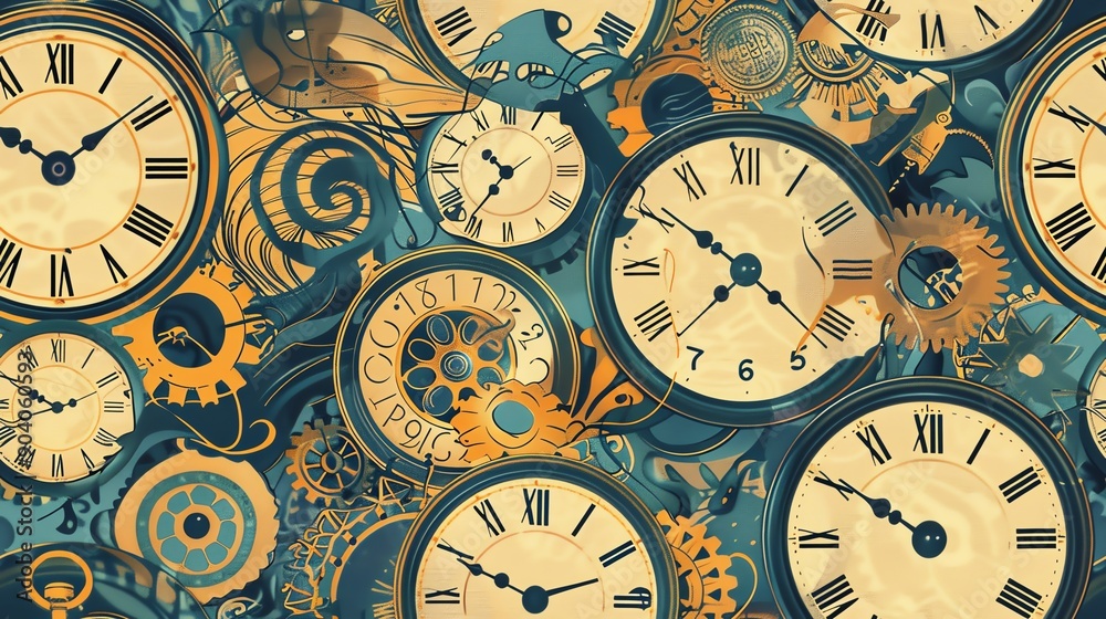 Design a seamless pattern with time travel motifs like clocks, gears ...