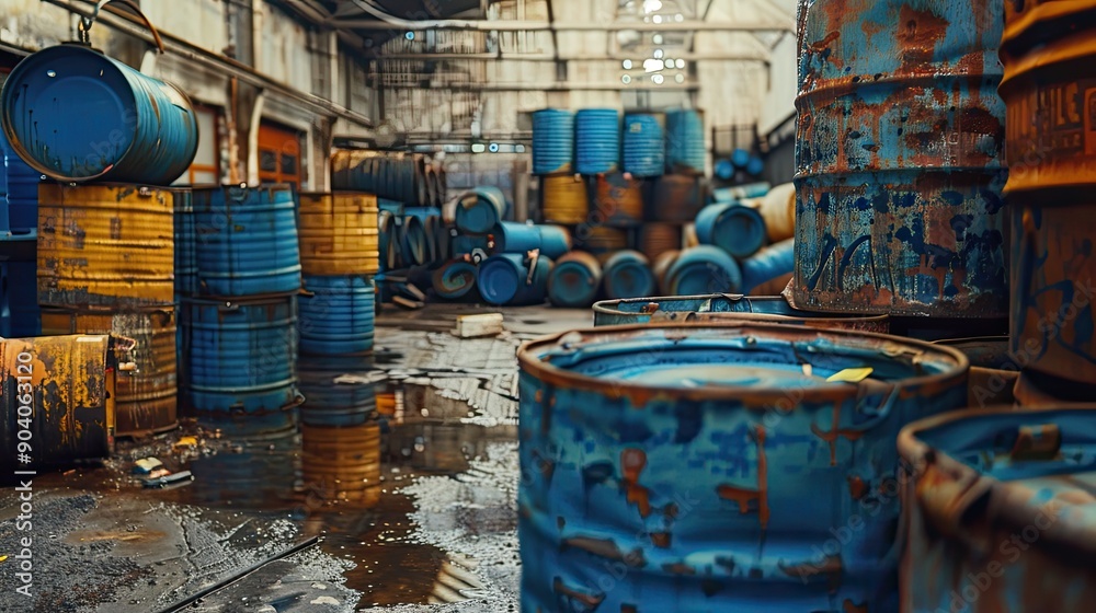 Old chemical barrels Empty blue chemical drums stack Steel and plastic ...