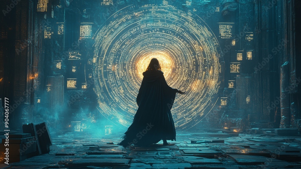 Mystical Priestess Surrounded by Glowing Codes, Symbols, Alien ...