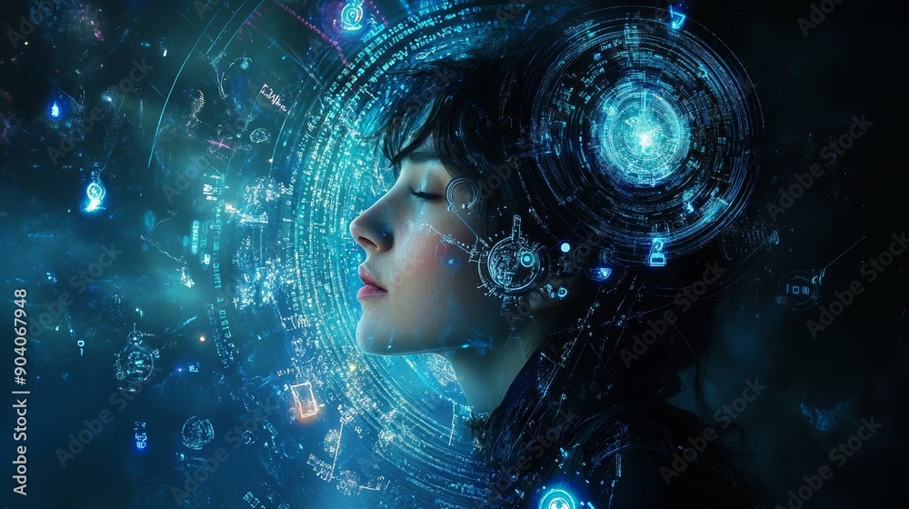 Mystical Priestess Surrounded by Glowing Codes, Symbols, Alien ...