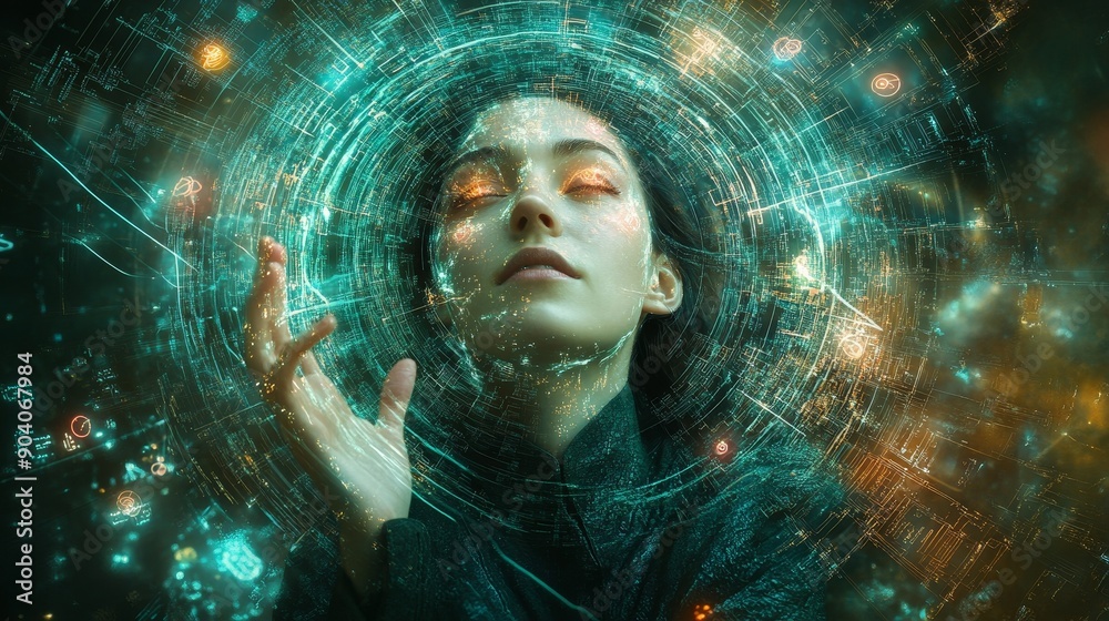 Mystical Priestess Surrounded by Glowing Codes, Symbols, Alien ...