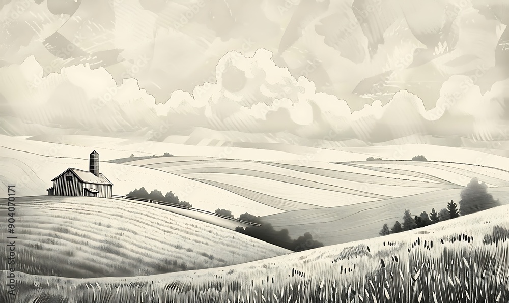 Simple pencil drawing of a tranquil farm nestled in rolling hills, with ...