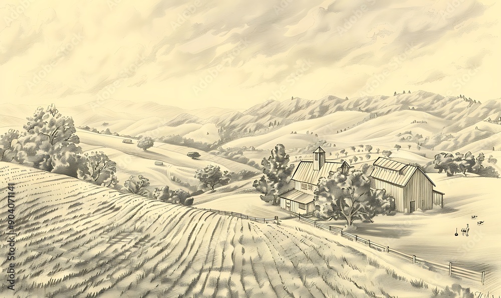 Simple pencil drawing of a tranquil farm nestled in rolling hills, with ...