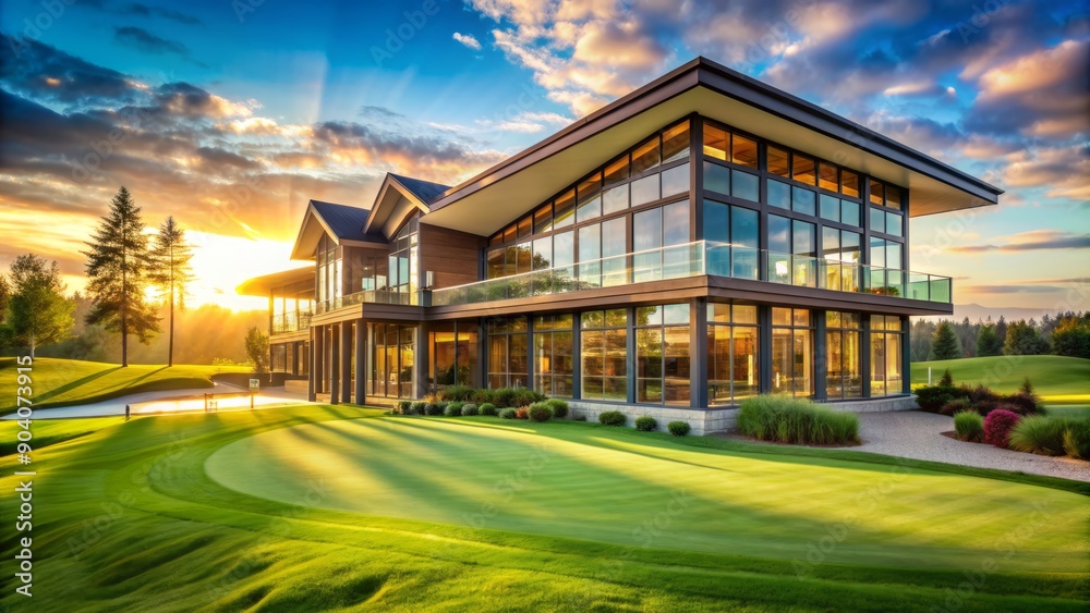 Luxurious golf course clubhouse with expansive glass windows and ...