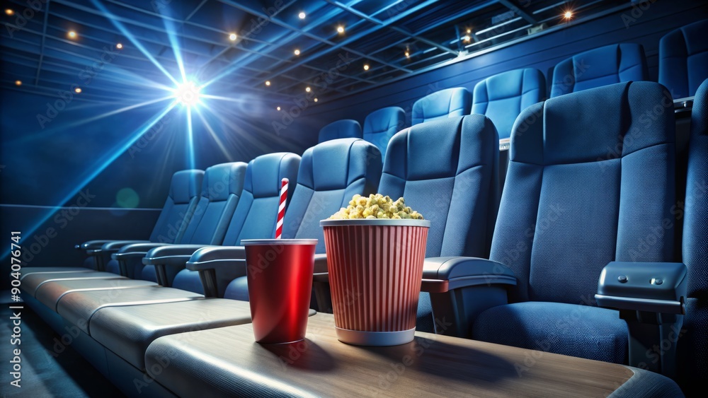 Darkened cinema interior with empty seats, popcorn and soda on tray ...