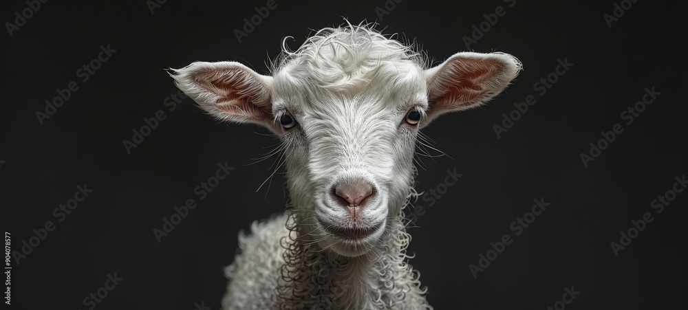 White Goat Portrait. A close-up of a white goat with curly fur and a ...
