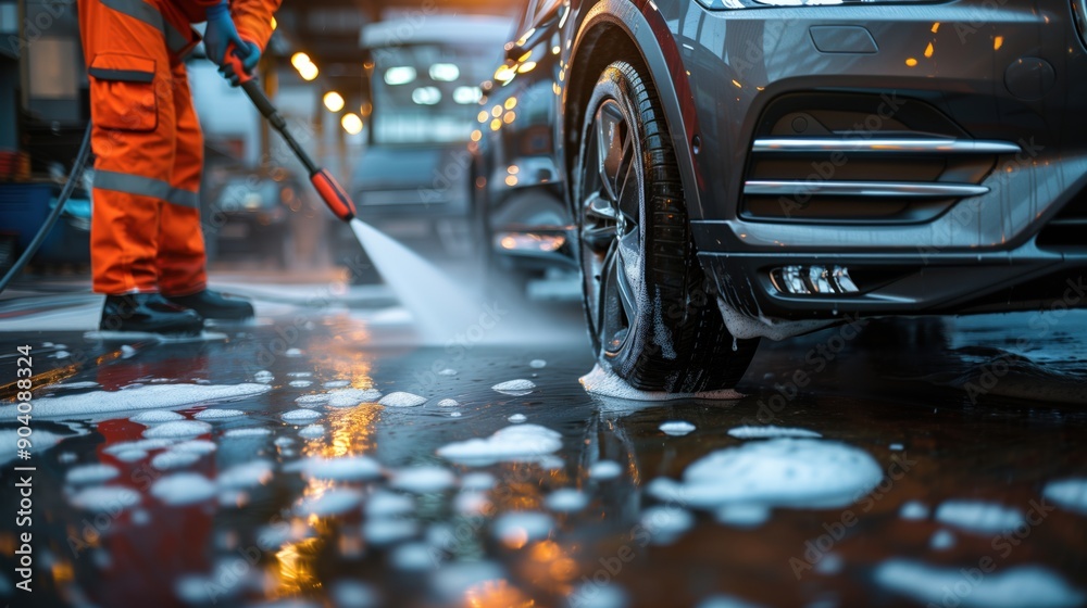 Pressure Washing Car Wheels. Worker in orange uniform pressure washing ...