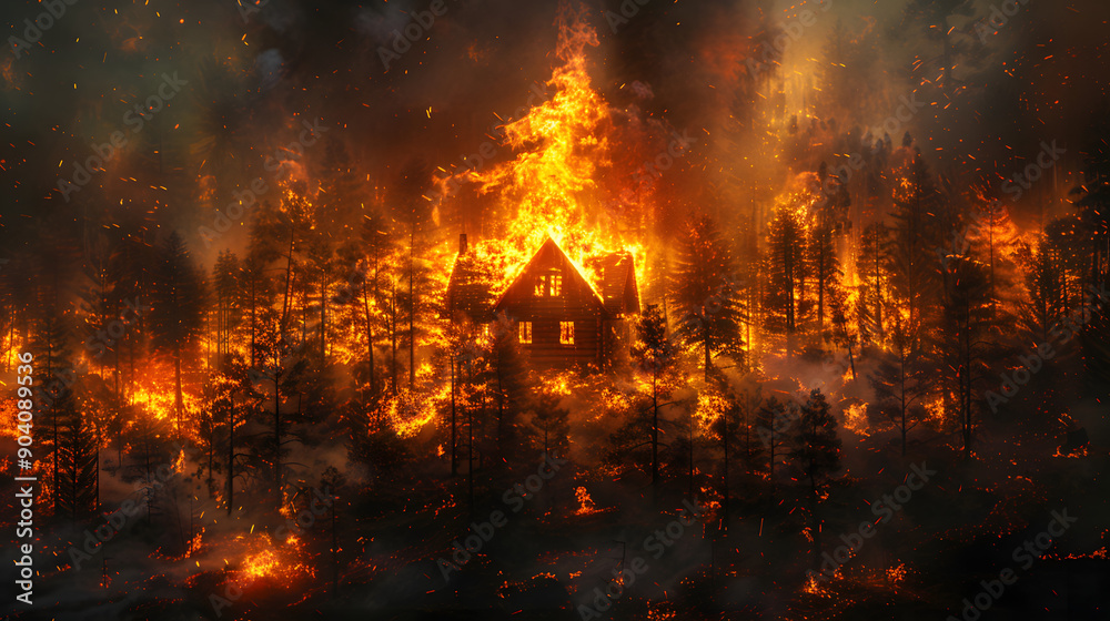 urgent home at risk from forest fire. concept emergency response ...