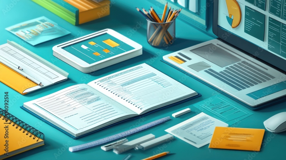 Organized office desk with notebooks, tablet, laptop, and stationery ...